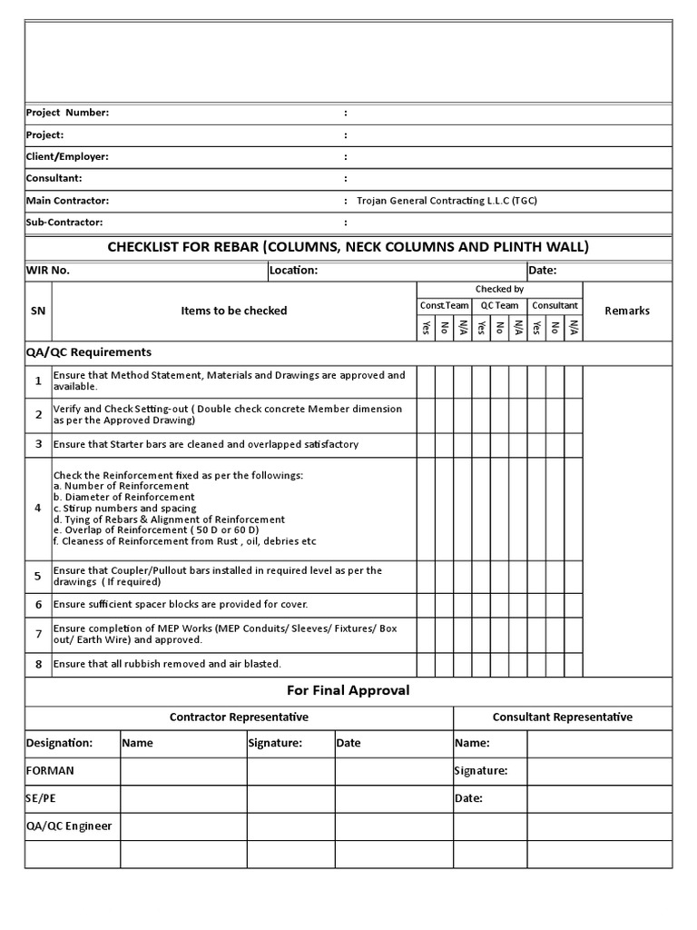 Rebar Inspection Checklist for Columns | PDF | Composite Material | Building