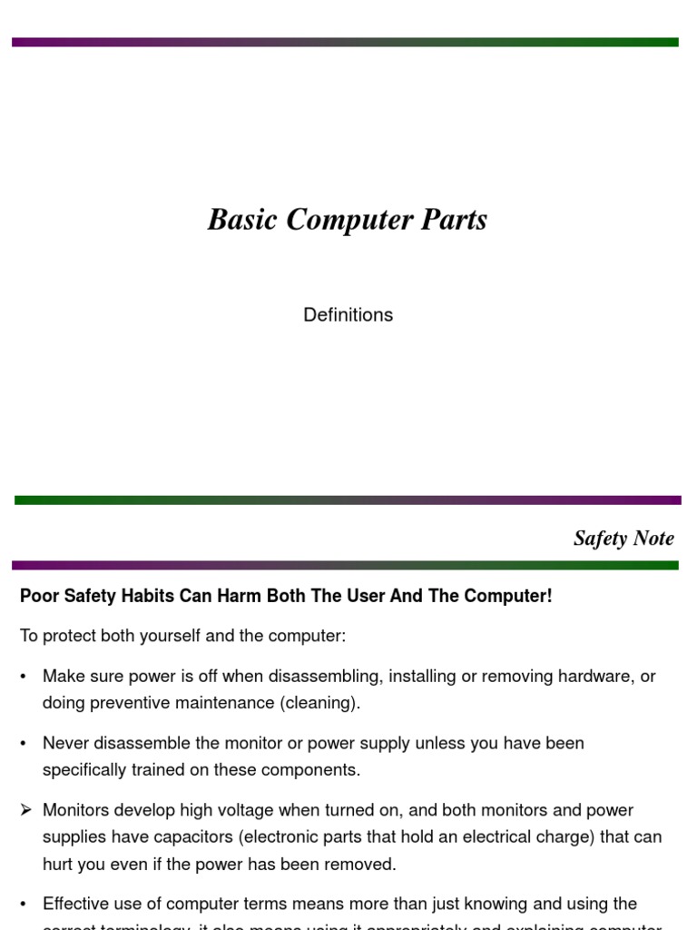 Basic Computer Parts: Definitions | PDF | Random Access Memory | Usb