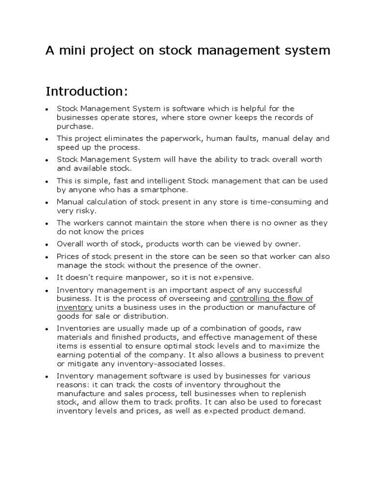 A Mini Project On Stock Management System | PDF | Inventory | Stocks