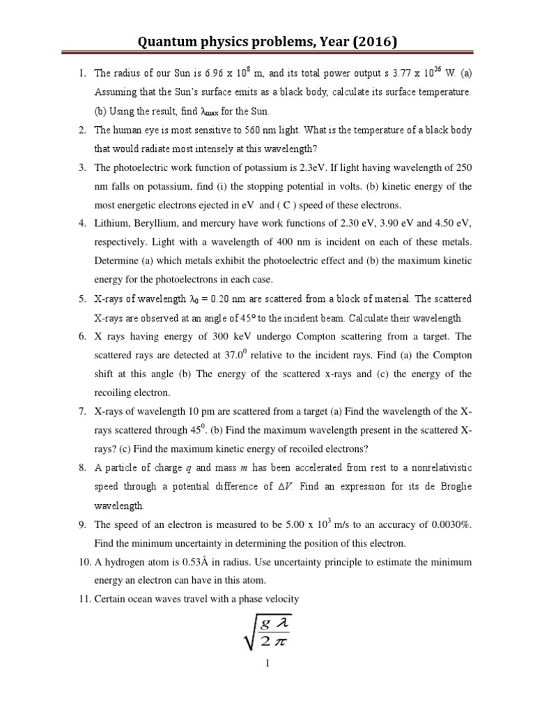 2016 Quantum Physics Problems | PDF | Photoelectric Effect ...