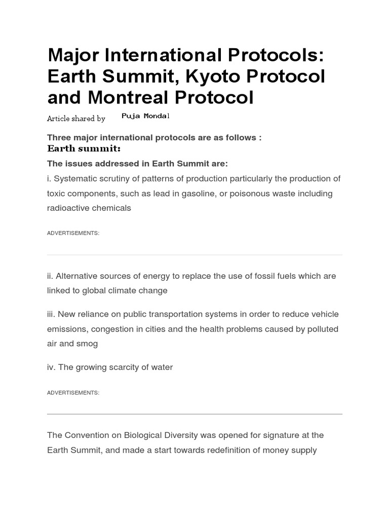 Major International Protocols: Earth Summit, Kyoto Protocol and ...