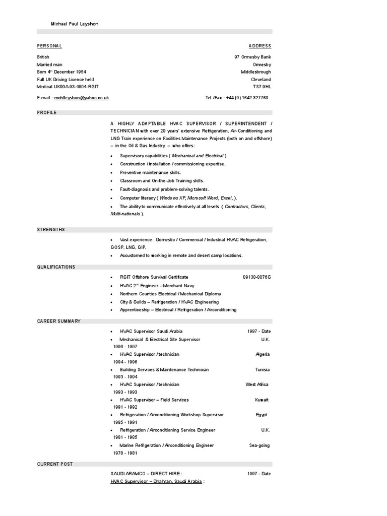 HVAC Supervisor Resume Free Word Downlaod | PDF | Hvac | Air Conditioning