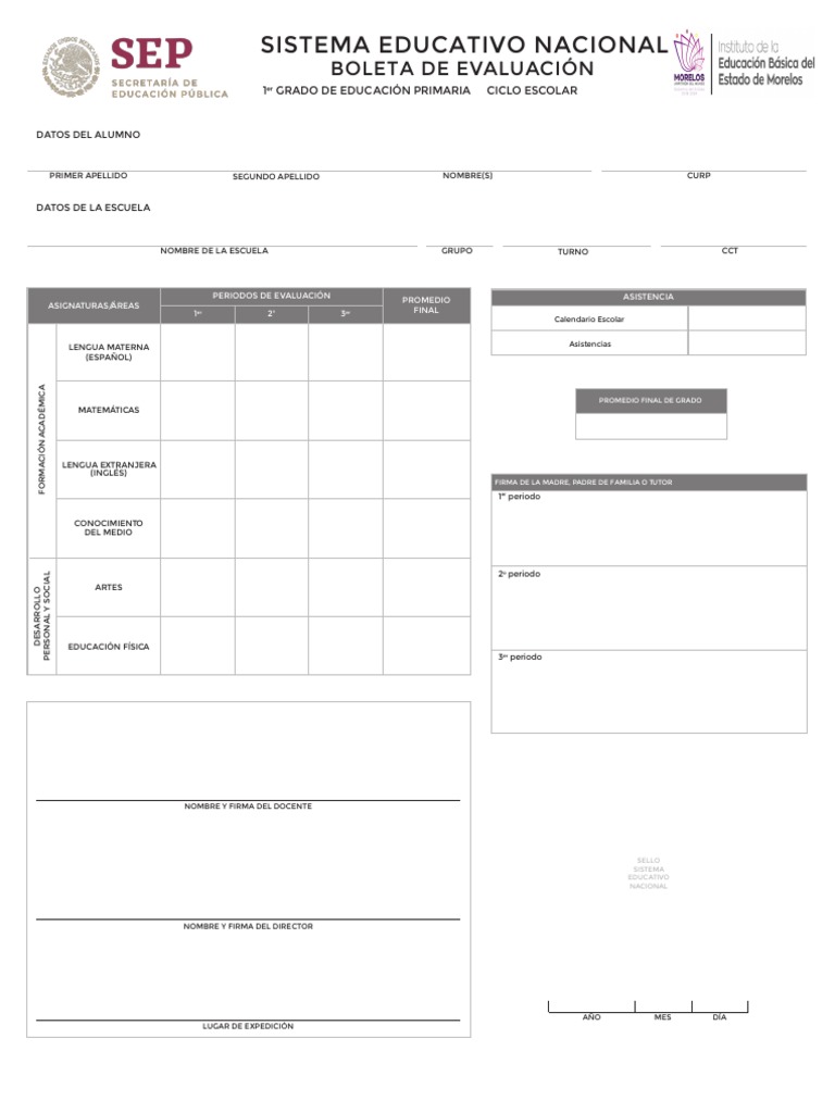 Boleta de Calificaciones 1er Grado Primaria | PDF | Educación primaria ...