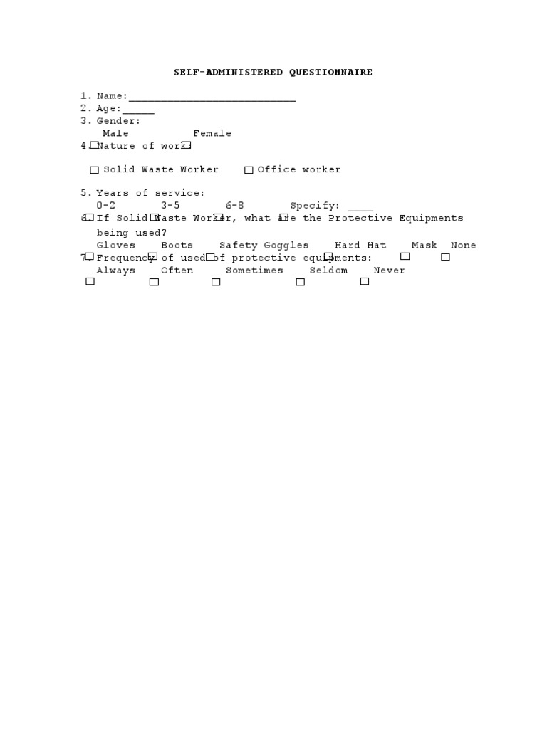Self-Administered Questionnaire Format | PDF | Personal Protective ...