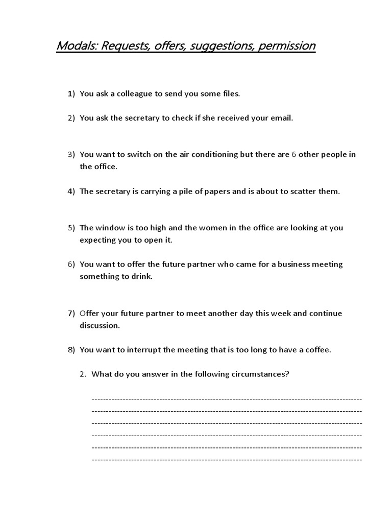 English Modal Verbs: Requests, Offers, Suggestions, Permission-Exercise: Paraphrase | PDF