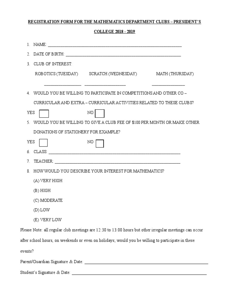Registration Form For Math Dept Clubs | PDF