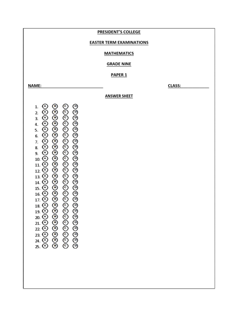 Answer Sheet For EOT Exams G9 25 MC | PDF