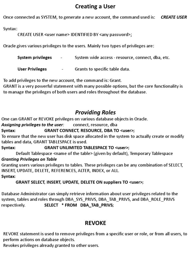 Creating A User: System Privileges User Privileges | PDF | Pl/Sql ...