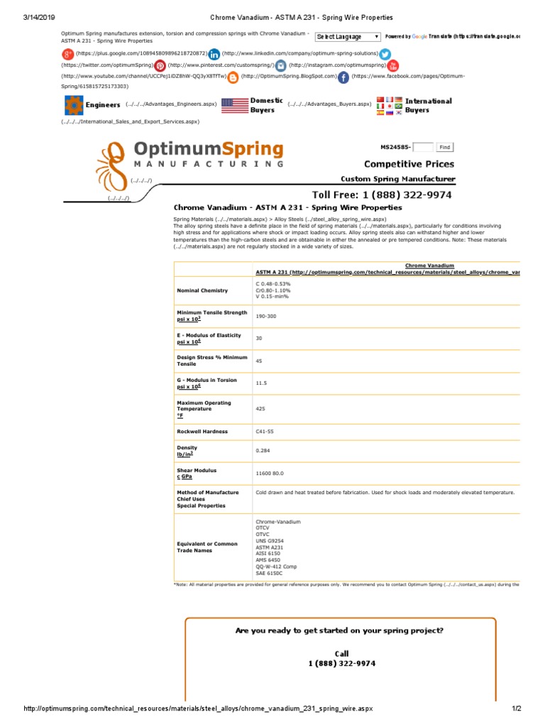 Chrome Vanadium - ASTM A 231 - Spring Wire Properties | PDF | Steel ...