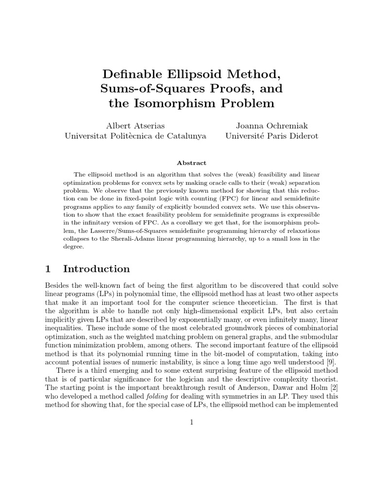 Definable Ellipsoid Method, Sums-of-Squares Proofs, and The Isomorphism Problem | PDF | First ...