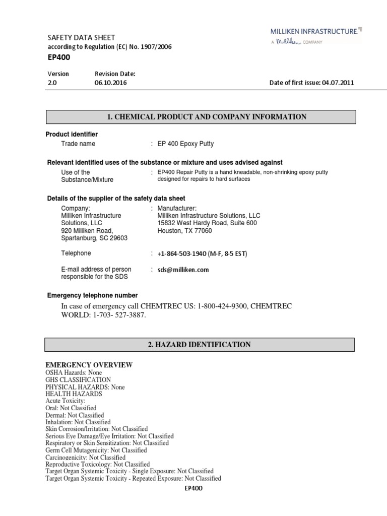 Safety Data Sheet for EP400 Epoxy Putty: Non-Toxic Repair Putty for ...