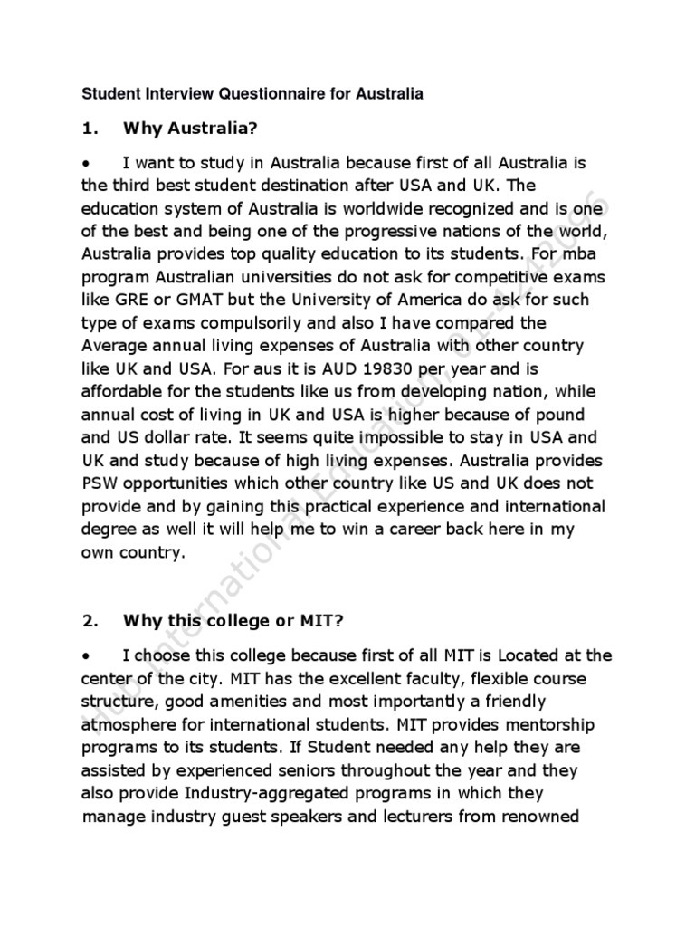 Why Australia?: Student Interview Questionnaire For Australia | PDF
