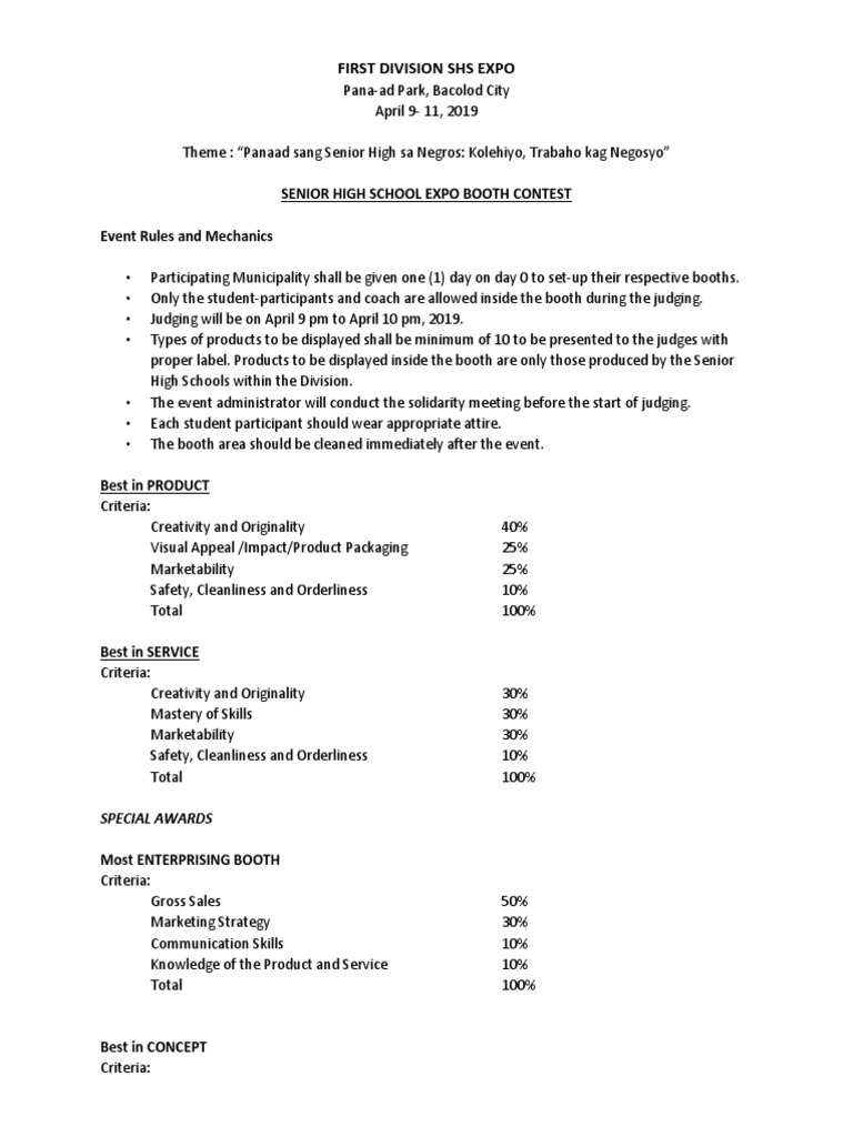 SHS Expo 2019 Booth Contest Criteria | PDF | Communication | Cognition