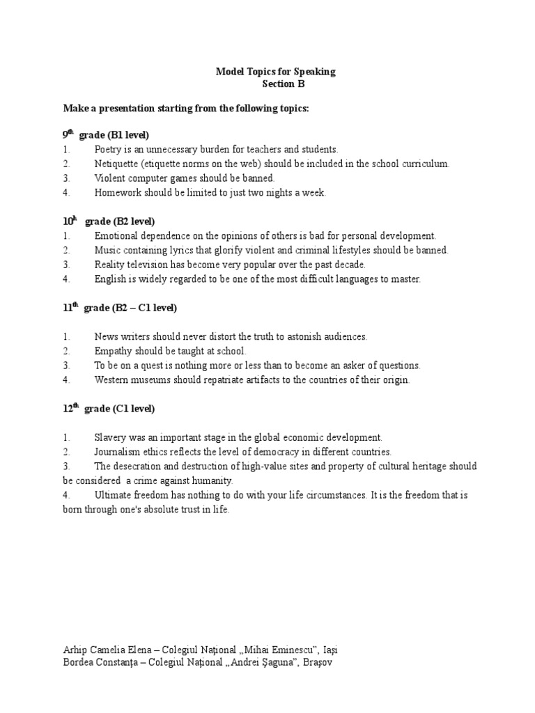 Model Topics For Speaking Section B Make A Presentation Starting From ...