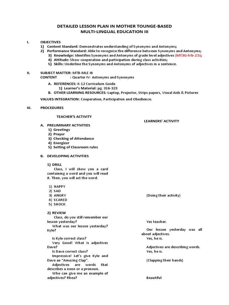 LESSON PLAN in MTB-MLE | PDF | Lesson Plan | Linguistic Morphology