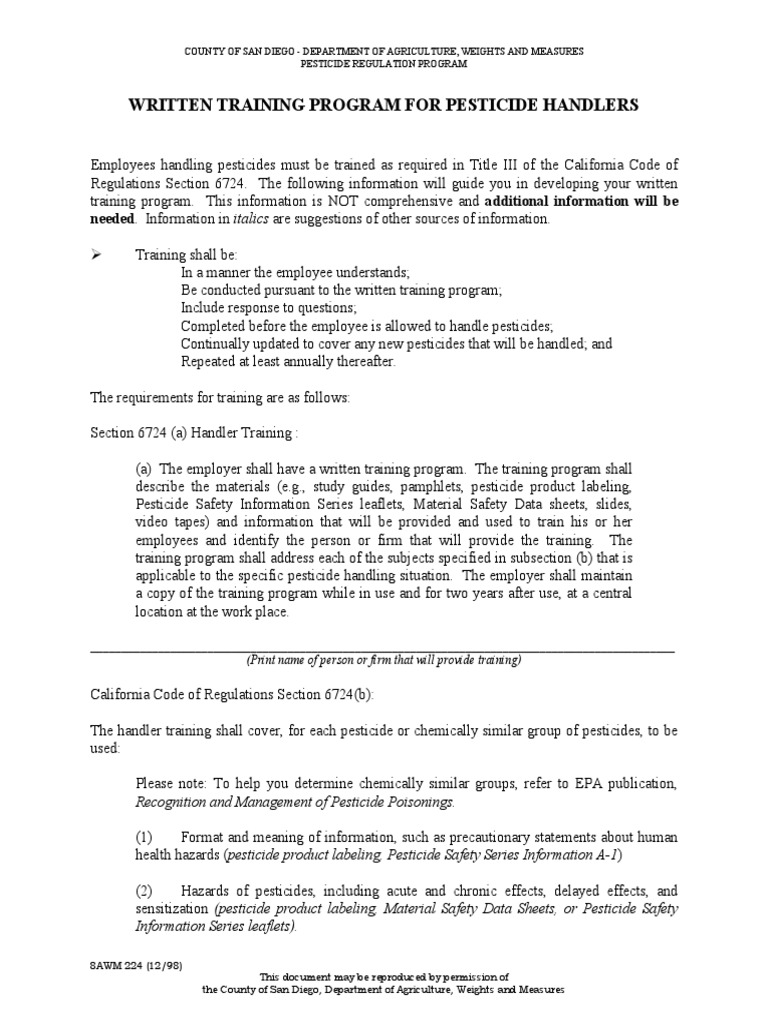 Written Training Program For Pesticide Handlers | PDF | Pesticide ...