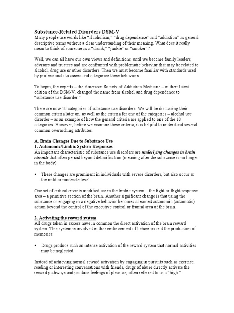 Substance-Related Disorders DSM-V: A. Brain Changes Due To Substance ...