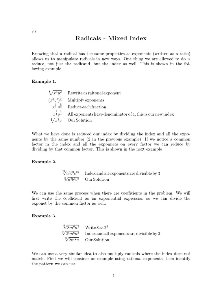 Radicals - Mixed Index: Example 1 | PDF | Exponentiation | Fraction ...
