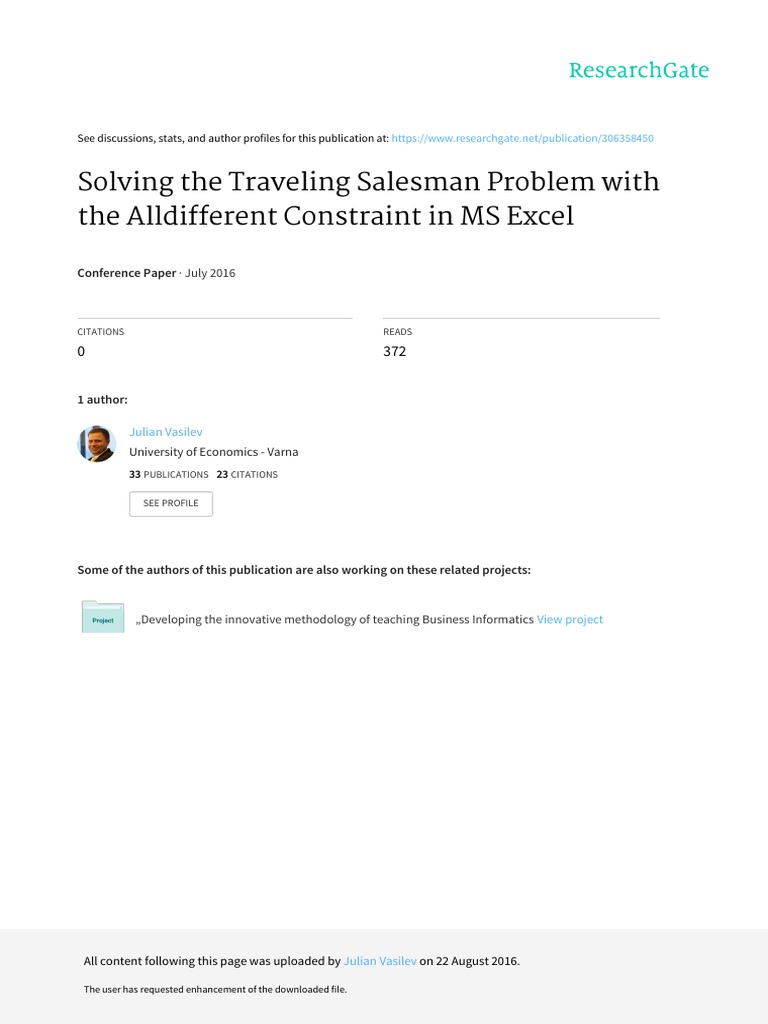 Solving The Traveling Salesman Problem With The Alldifferent Constraint in MS Excel | PDF ...