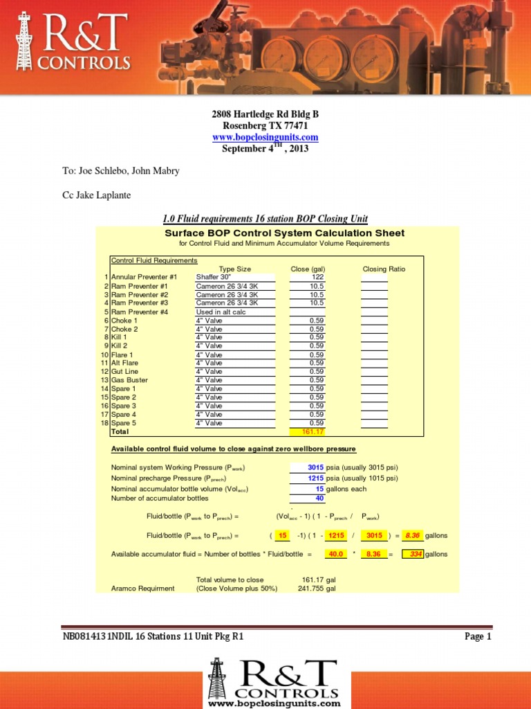 BOP Control System Calculation Sheet PDF | PDF | Valve | Pump
