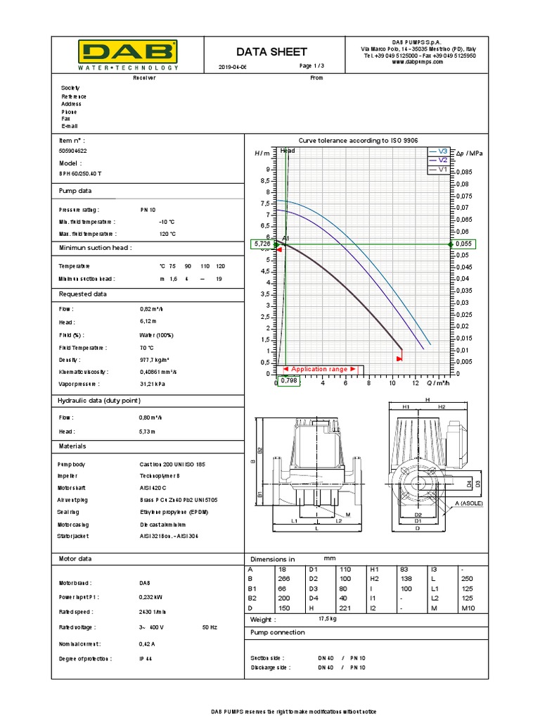 BPH 60/250.40 T Pump Specifications | PDF | Pump | Pressure