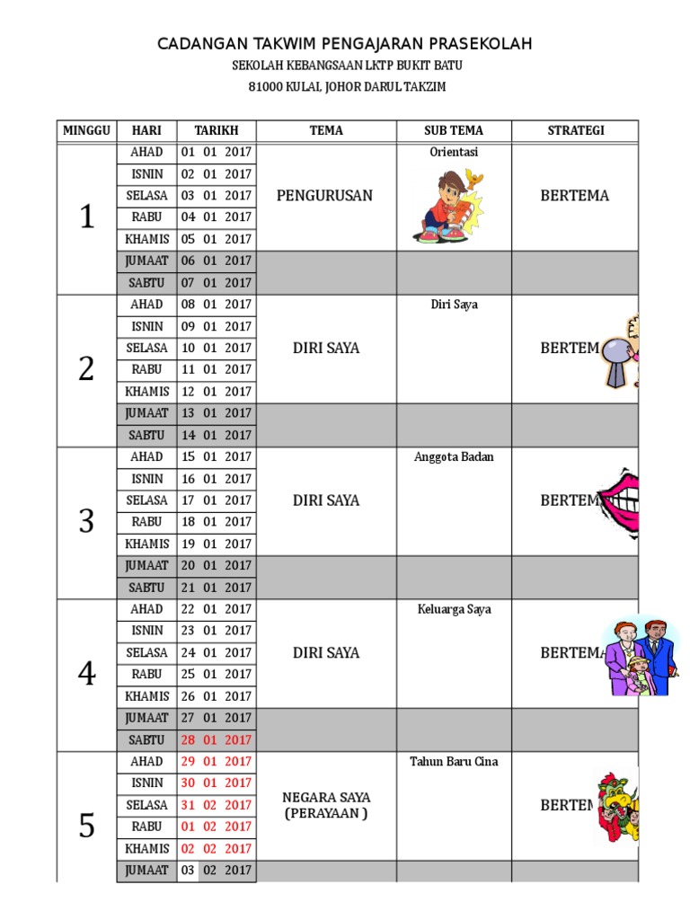 Takwim Pengajaran Prasekolah 2025 | PDF