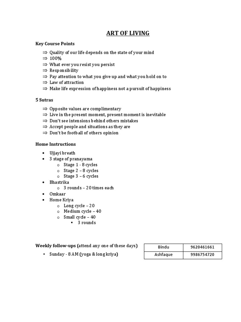 Art of Living: Key Course Points & Yoga Guide | PDF