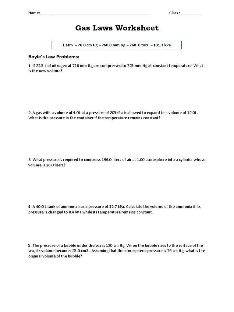 Gas Laws Worksheet: Applying Boyle's Law, Charles' Law, and Guy-Lussac ...