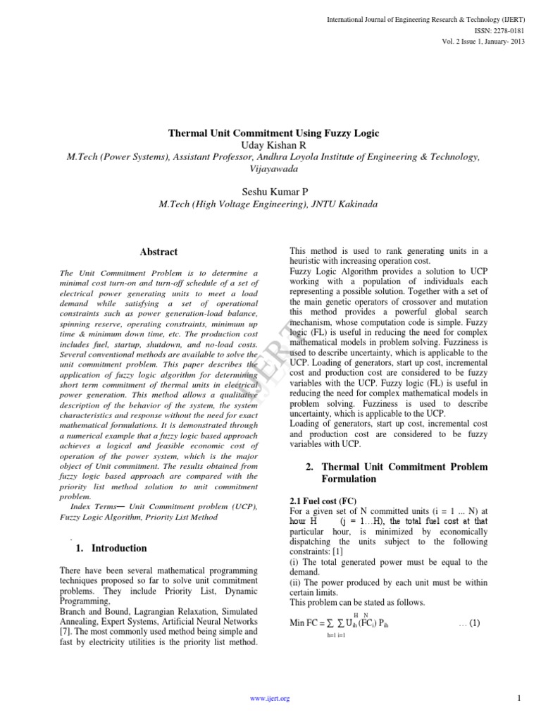 Thermal Unit Commitment Using Fuzzy Logic Ijertv2is1406 Pdf Fuzzy Logic Mathematical 