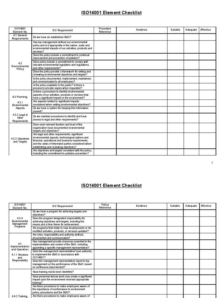 ISO 14001 Element Checklist | Business