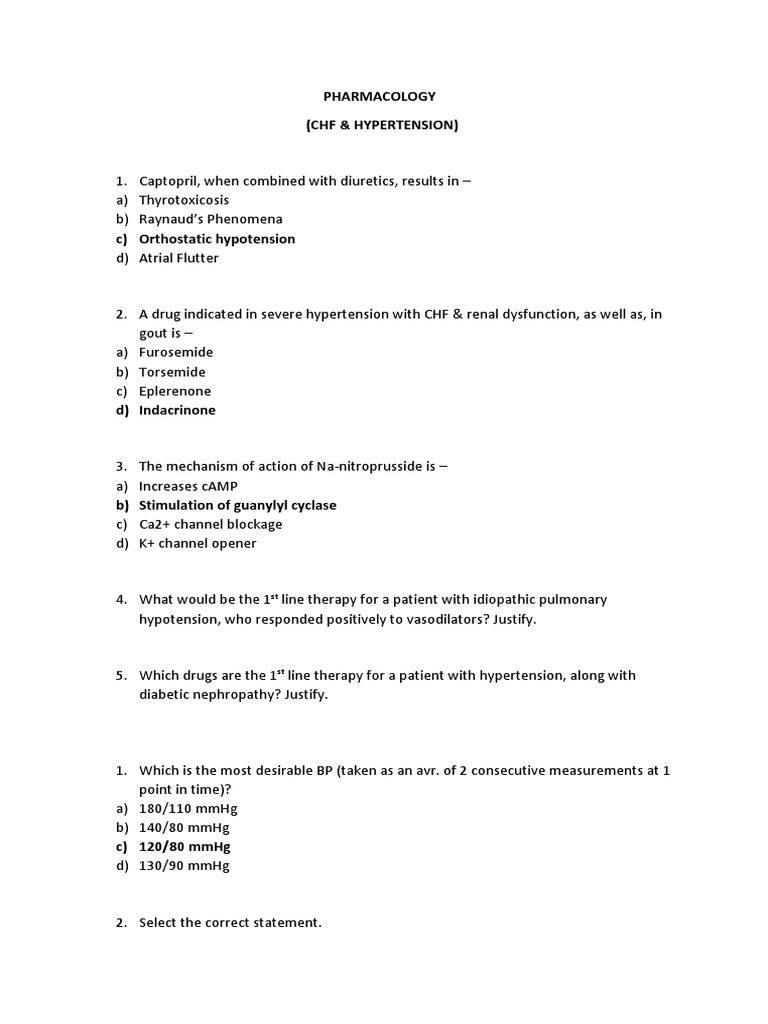 Pharmacology Questions From Hypertension | PDF | Hypertension | Blood ...
