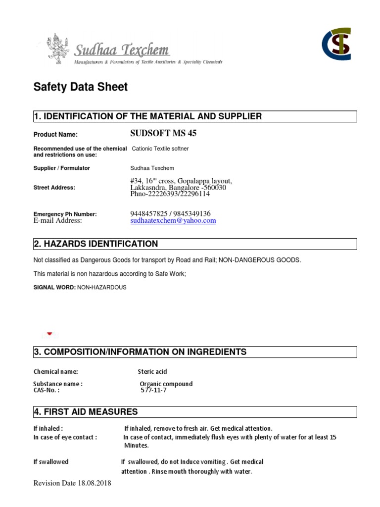 Safety Data Sheet: 1. Identification of The Material and Supplier Sudsoft Ms 45 | PDF ...