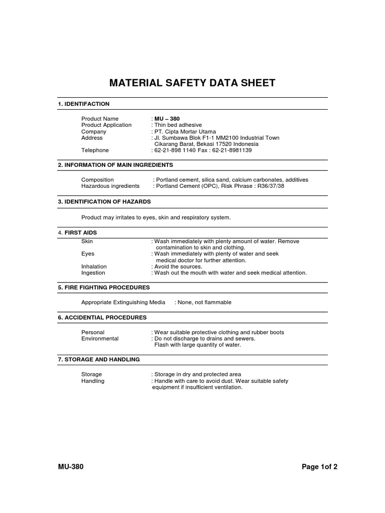 MSDS Mu-380 | PDF | Water | Cement