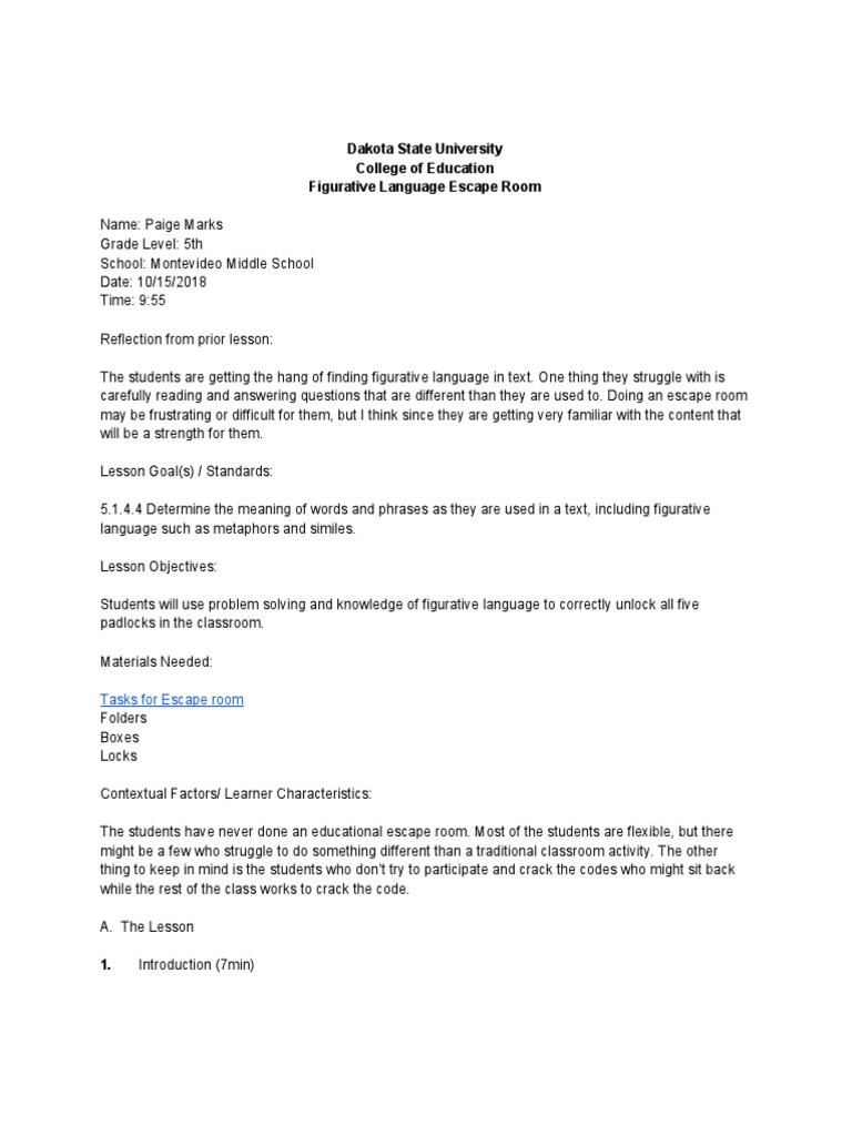 Figurative Language Escape Room Guide | PDF | Differentiated ...