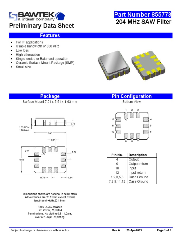 Preliminary Data Sheet 204 MHZ Saw Filter: Part Number 855773 | PDF ...