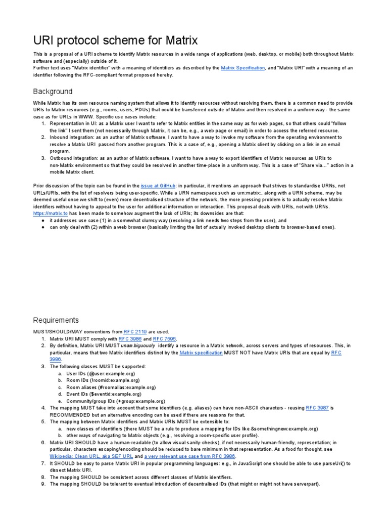 URI Protocol Scheme For Matrix | PDF | Uniform Resource Identifier | Identifier