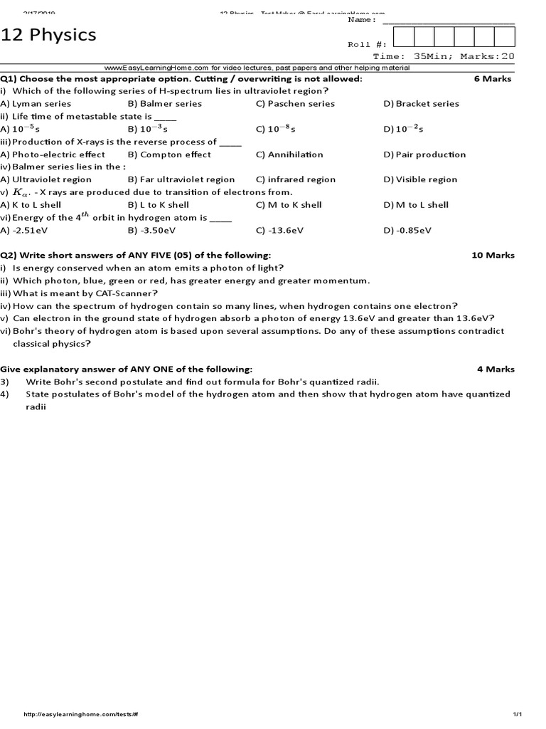 20 Chapter Physics Test | PDF | Solid State Engineering | Physical Sciences