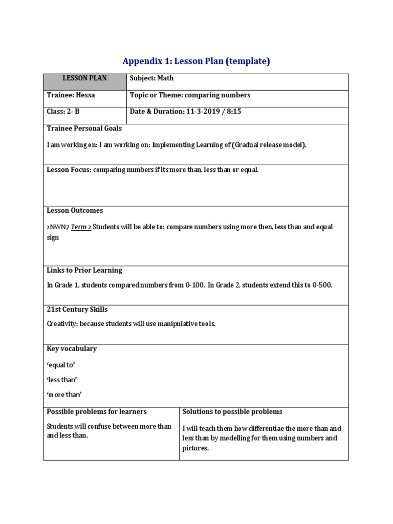 Lesson Plan Comparing Numbers | PDF | Lesson Plan | Applied Psychology