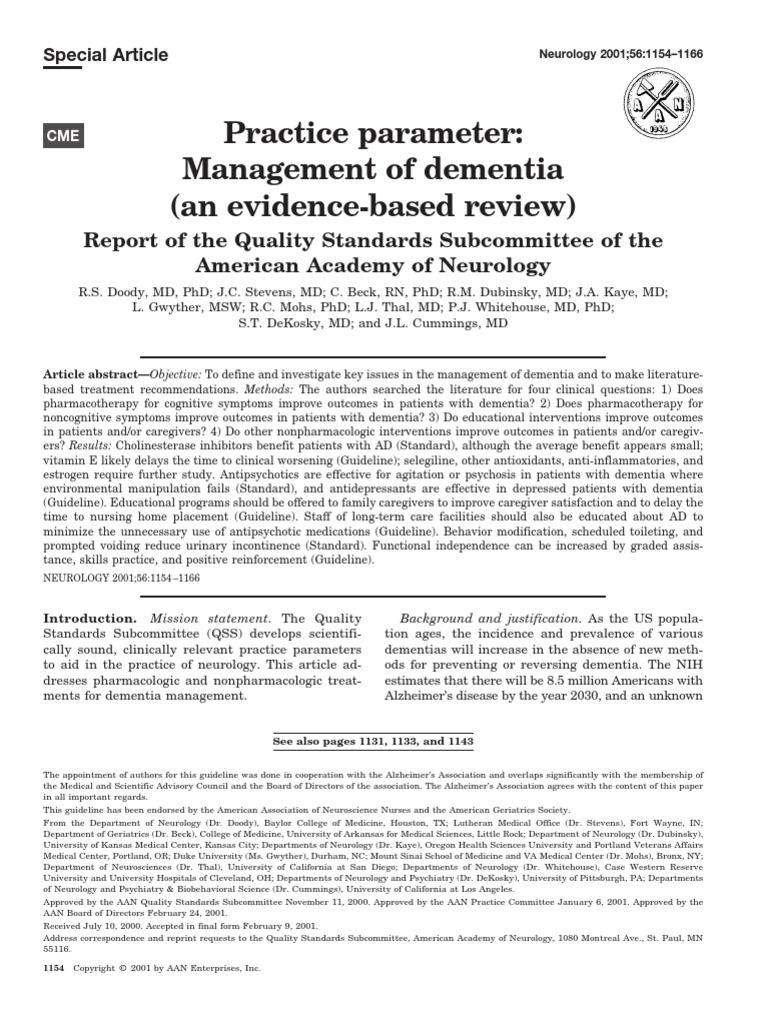 Practice Parameter: Management of Dementia (An Evidence-Based Review ...