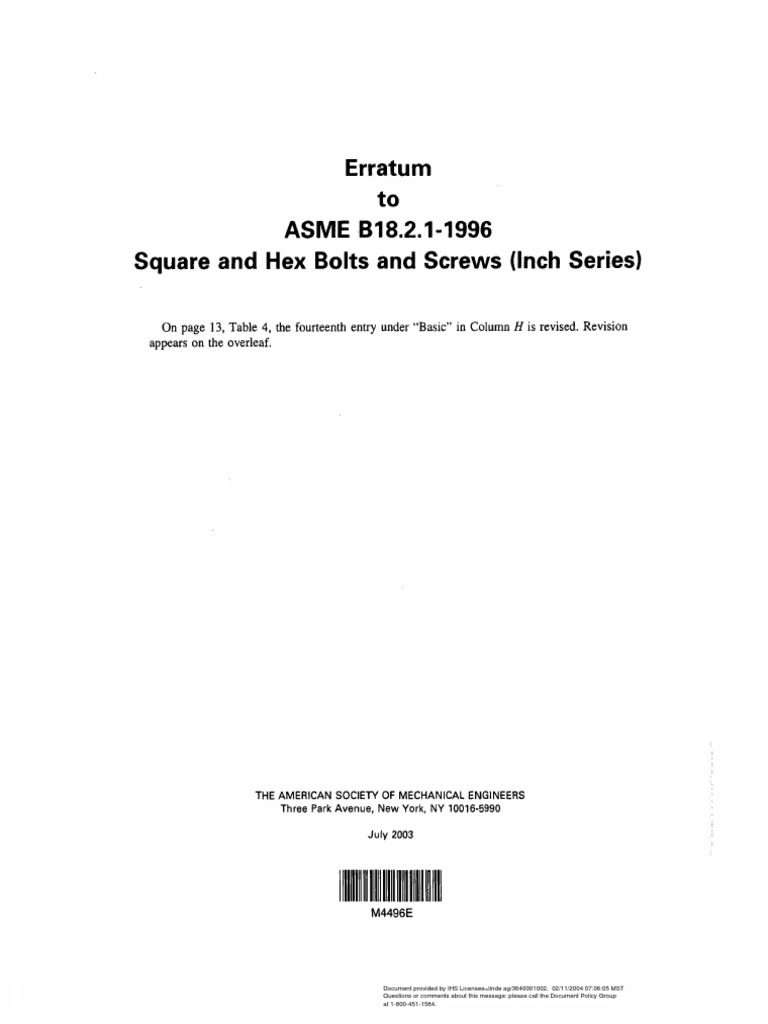 Asme B18.2.1 - 1996 SQR Hexagonal Bolts & Screws PDF | PDF | Nut ...