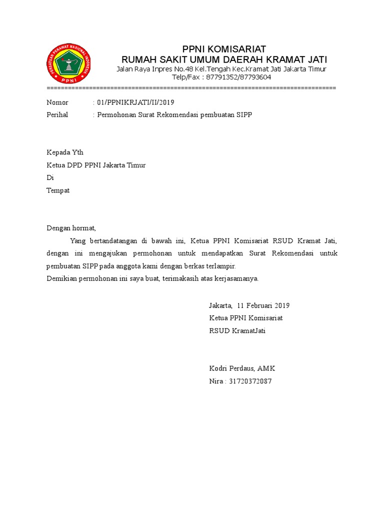 Surat Permohonan Rekomendasi SIPP 2019 | PDF