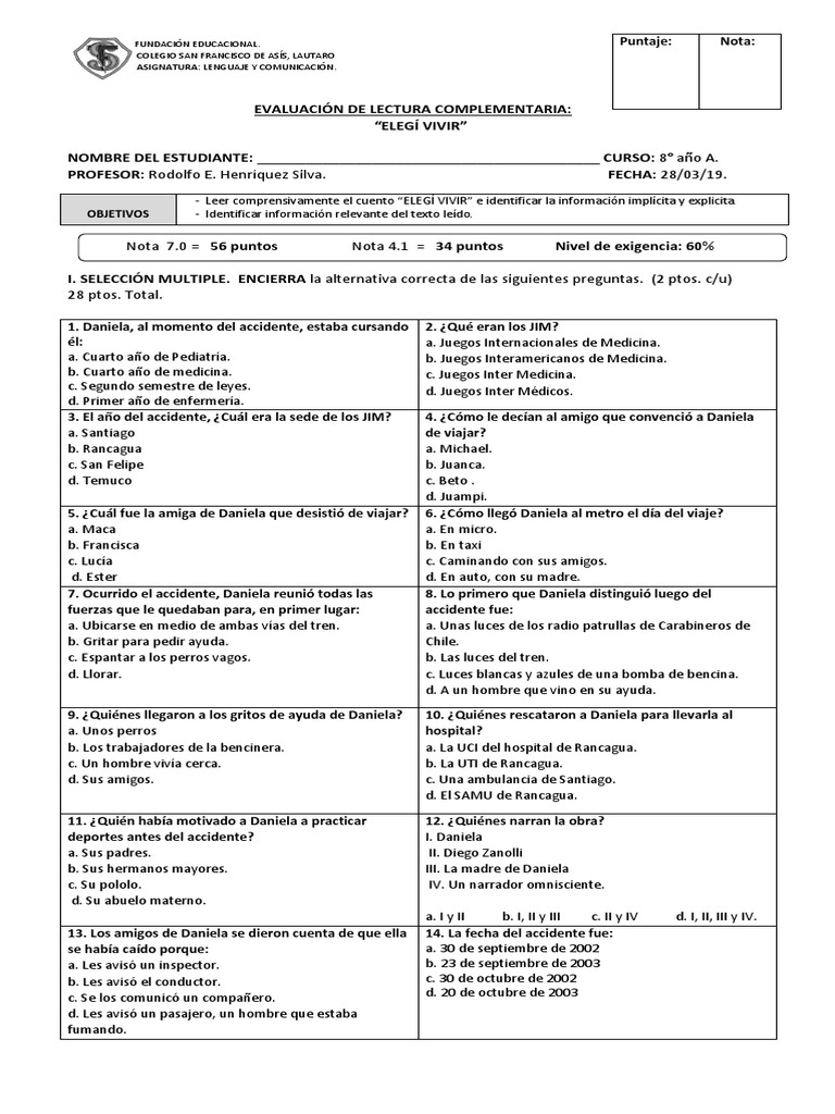 Evaluación Lectura Complementaria ELEGÍ VIVIR 8A | PDF | Violencia | Agitación