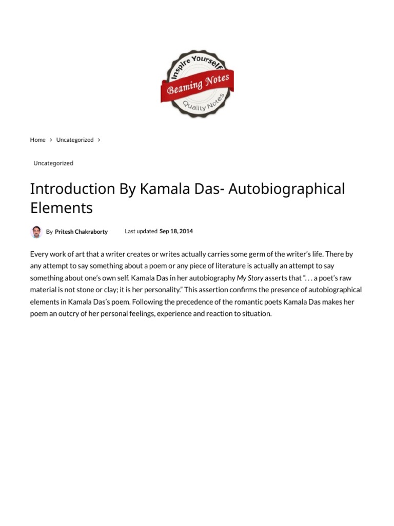 Introduction by Kamala Das - Autobiographical Elements - Beaming Notes ...