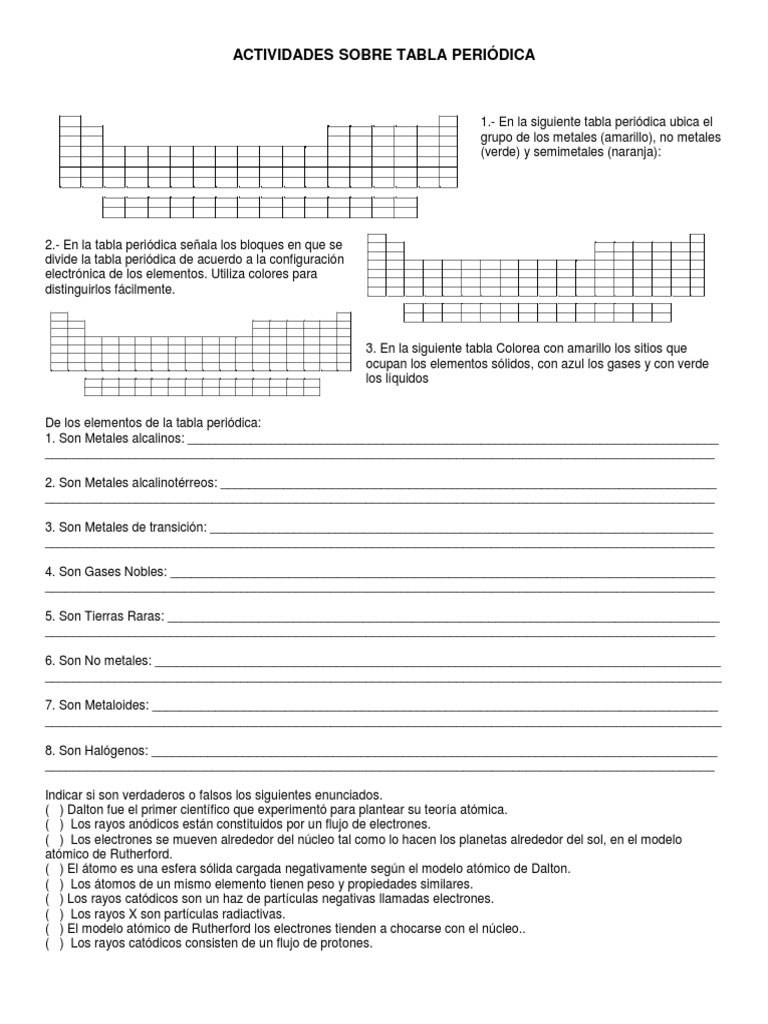 ACTIVIDADES SOBRE TABLA PERIÓDICA.docx | Átomos | Tabla periódica