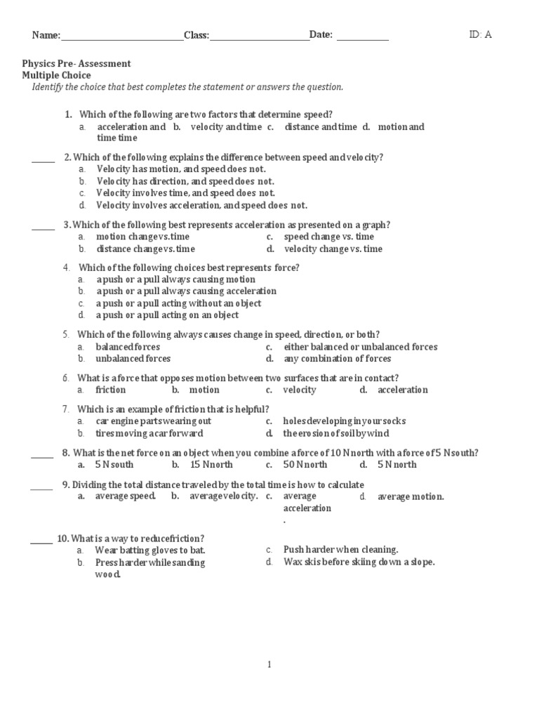 Physics Pre-Assessment | PDF | Force | Waves