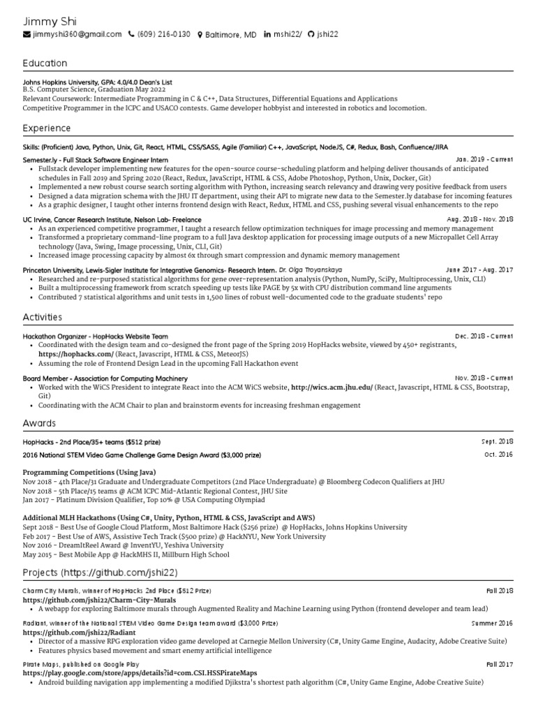 Resume Jimmy Shi | PDF | Programmer | Java Script