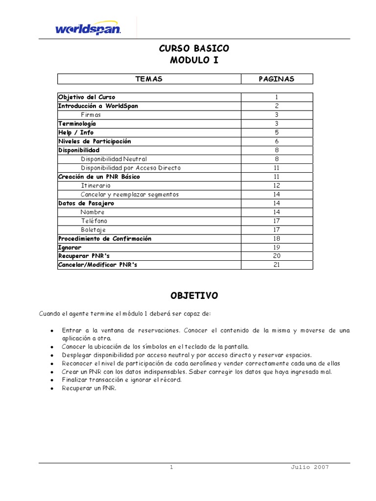 Curso Básico de Worldspan 17800 | PDF | aerolíneas | Hotel