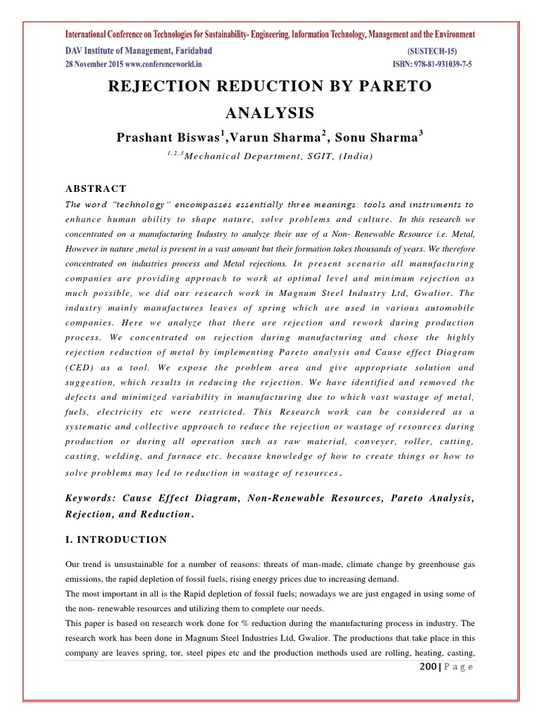 Rejection Reduction by Pareto Analysis: Prashant Biswas, Varun Sharma ...