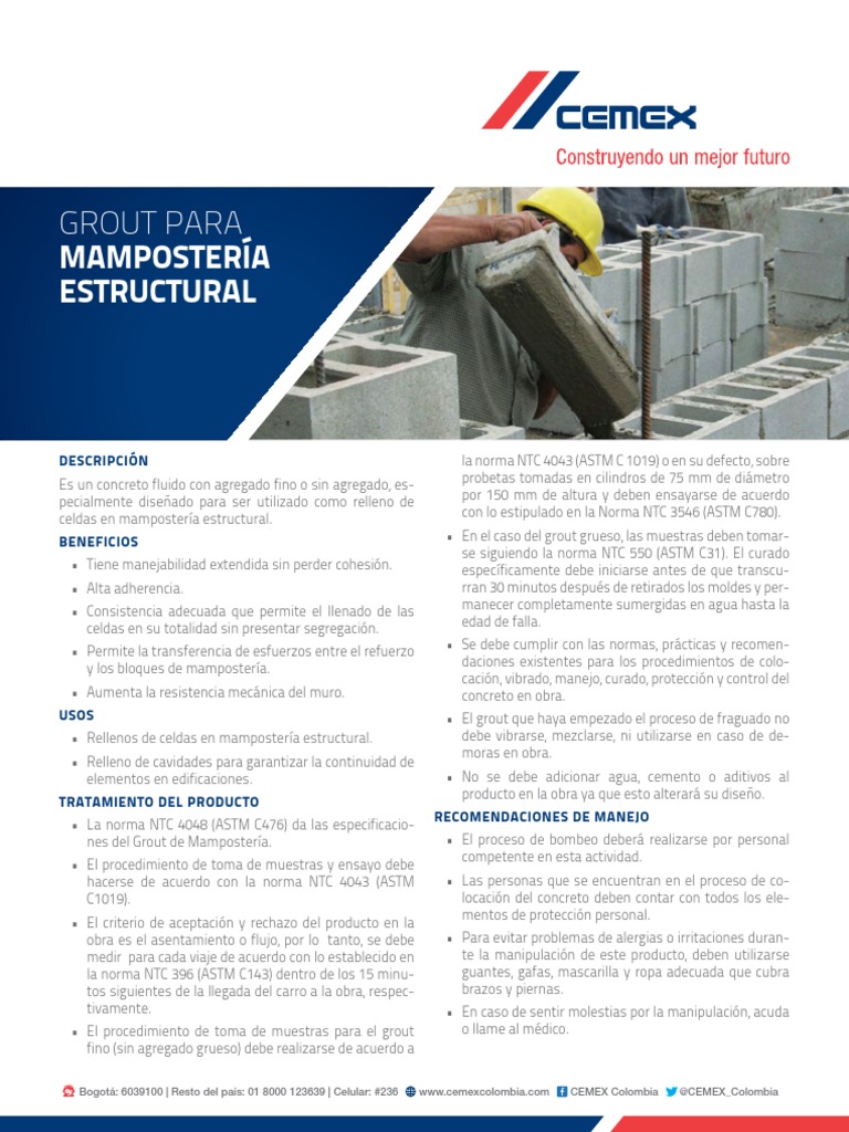 Grout Estructural: Ficha Técnica CEMEX | PDF | Hormigón | Ingeniería de ...