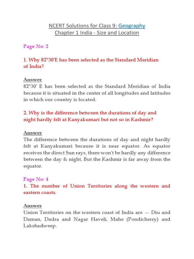 NCERT Solutions For Class 9: Chapter 1 India - Size and Location | PDF ...